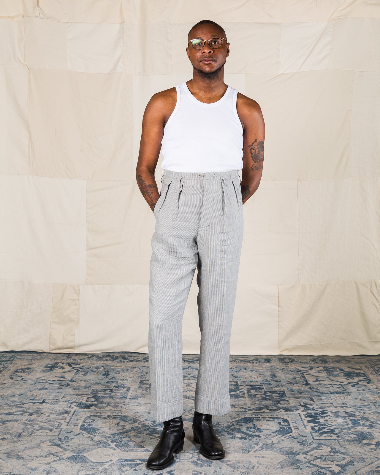 MotivMfg English Trousers - High Twist Linen Serge/Light Grey Stripe – Standard & Strange