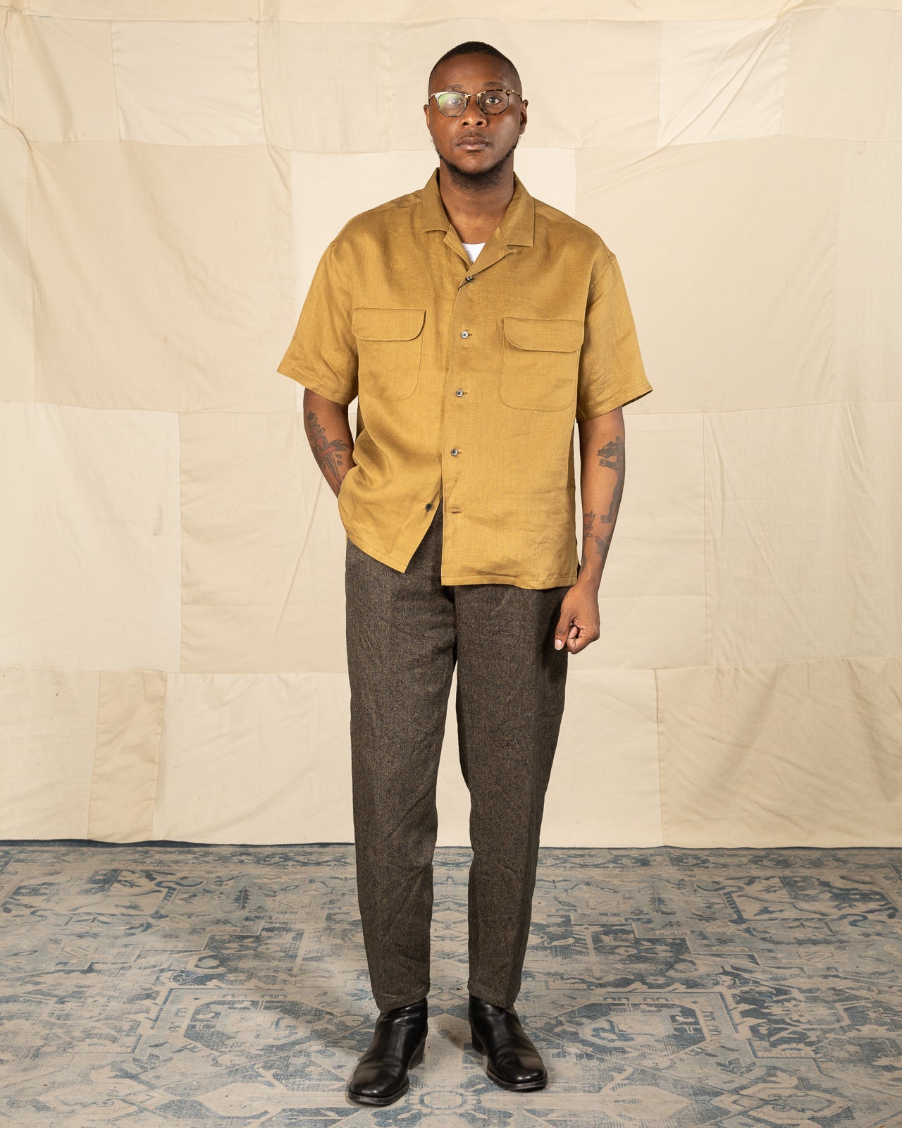 Nigel Cabourn Open Collar Shirt - Khaki Linen Twill – Standard & Strange
